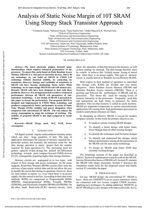 Pdf Analysis Of Static Noise Margin Of 10t Sram Using Sleepy Stack