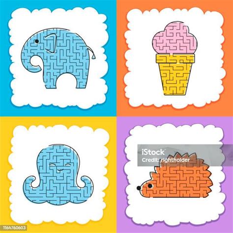 미로의 집합입니다 만화 스타일입니다 시각적 워크 시트 활동 페이지 아이들을위한 게임 아이들을위한 퍼즐 미로 수수께끼 색상 벡터