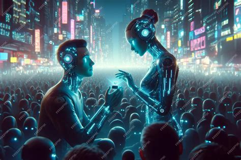 Premium Photo Two Advanced Robots Connect Amidst A Sea Of Identical