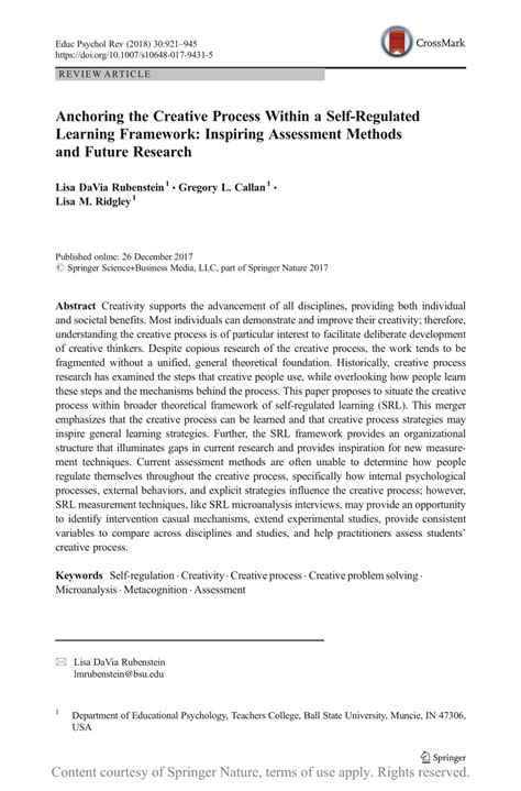 Anchoring The Creative Process Within A Self Regulated Learning Framework Inspiring Assessment