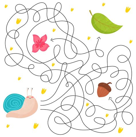 아이들을 위한 귀여운 미로 아이들을 위한 게임 아이들을 위한 퍼즐 행복한 캐릭터 미로 수수께끼 색상 벡터 Eps 10 그림 올바른 경로 찾기 만화 스타일 달팽이 꽃 도토리