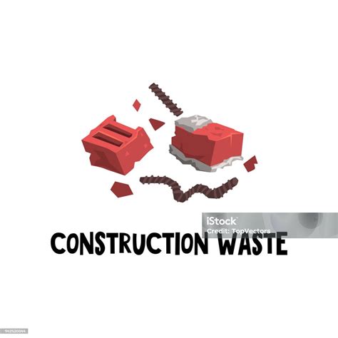 평면 벡터 냉동된 시멘트와 구부러진된 강철 Rebar 건축 쓰레기 빨간색의 아이콘이 깨진 벽돌 정렬 및 테마 재활용 쓰레기를 낭비 0명에 대한 스톡 벡터 아트 및 기타