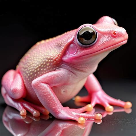 Closeup Of A Pink Frog On A Reflective Surface Against A Dark