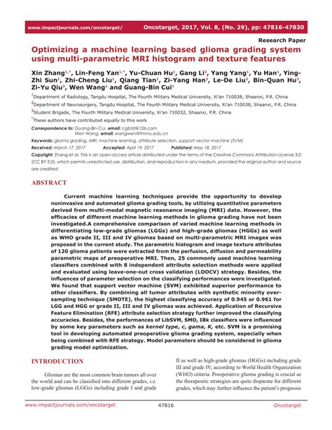 Pdf Optimizing A Machine Learning Based Glioma Grading System Using