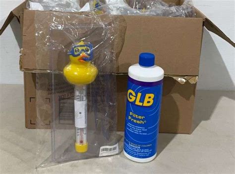 Box Of New Products GLB Filter Fresh Pool Filter Cleaner And Rubber Duck Thermometers Hash