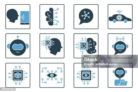 인공 지능 아이콘 세트 로봇 머리 두뇌 Ai 로봇 팔 컴퓨터 비전 빅 데이터 Ai 비서 딥 러닝 등 솔리드 아이콘 스타일 디자인