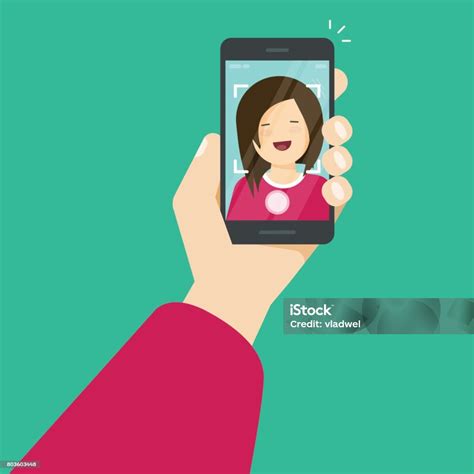 자신의 사진을 만드는 스마트폰 통해 Selfie 벡터 일러스트 레이 션 손에 휴대 전화와 평면 만화 젊은 행복 한 여자 사진 Monopod에 대한 스톡 벡터 아트 및 기타