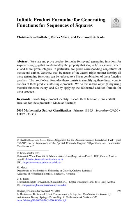 Pdf Infinite Product Formulae For Generating Functions For Sequences Of Squares