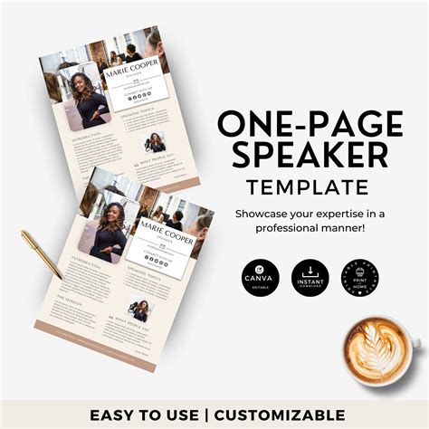 Speaker One Sheet Template Canva Author Media Kit Digital Download