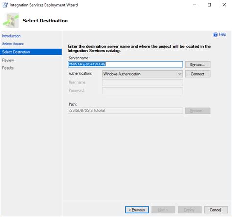Sql Server Ssis Deployment Wizard Select Destination Page User Name And Password Controls