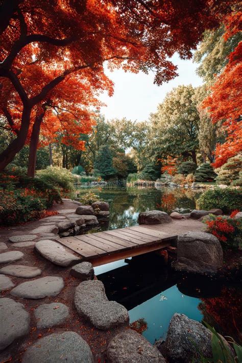 Peaceful Japanese Garden With Red Maple Trees And Stone Benches By A