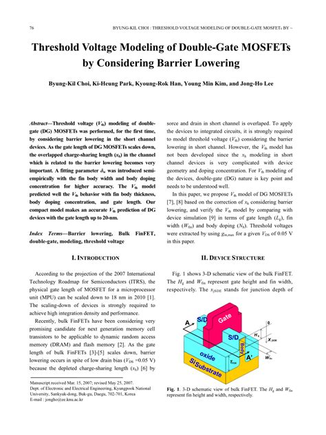 Pdf Threshold Voltage Modeling Of Double Gate Mosfets By Considering Barrier Lowering