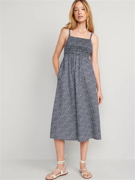 Fit And Flare Cotton Poplin Smocked Cutout Cami Midi Dress For Women
