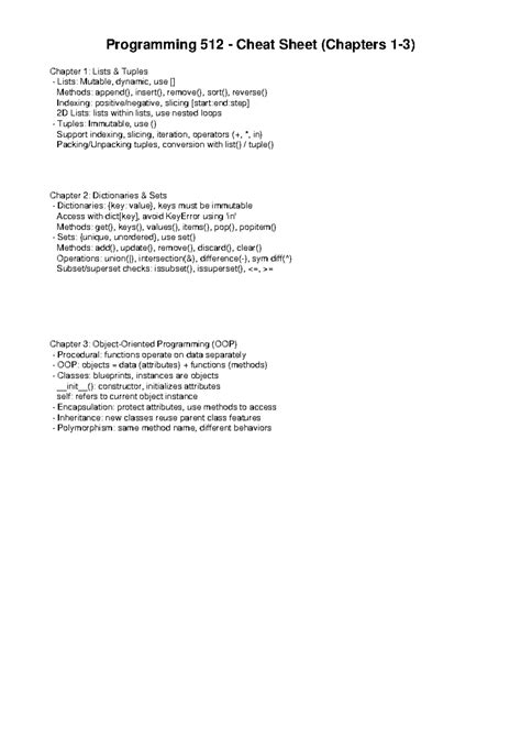 Programming 512 Cheat Sheet Key Concepts In Lists Tuples And Oop