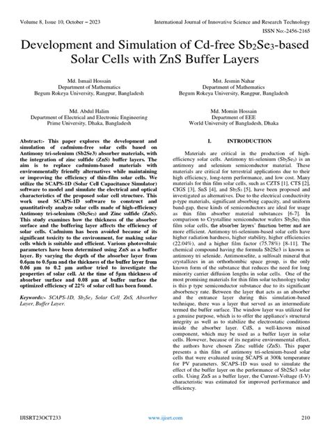 development and simulation of cd free sb2se3 based solar cells with zns