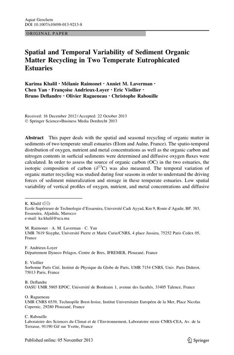 Pdf Spatial And Temporal Variability Of Sediment Organic Matter Recycling In Two Temperate