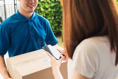 Woman Using Mobile Smartphone With Qr Code Payment To Receive Parcel Post Box Stock Image