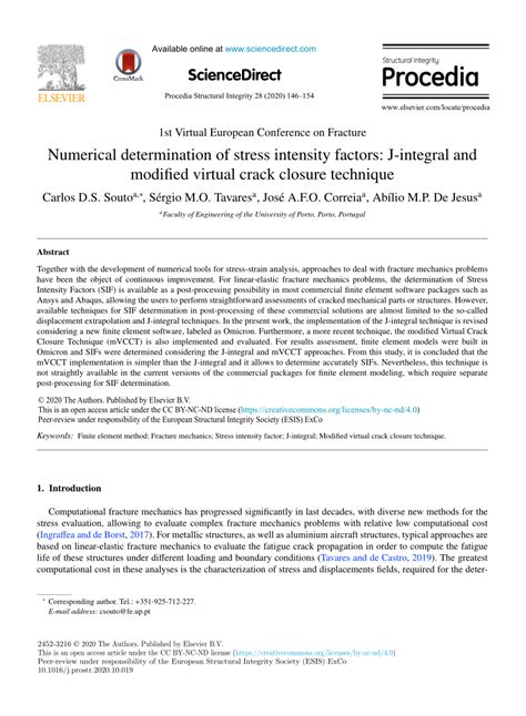 Pdf Numerical Determination Of Stress Intensity Factors J Integral And Modified Virtual Crack