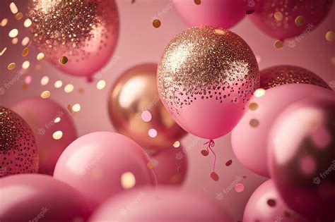 Розовый фон с воздушными шарами конфетти блестками огнями Годовщина Девичник Премиум Фото