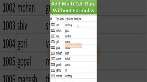 Excel Short Video Add Multi Cell Data Without Formulas Excel Tricks Excel Shortcut Ctrl