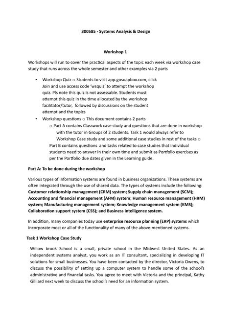 Workshop 1 Questions 300585 Systems Analysis And Design Workshop 1 Workshops Will Run To Cover