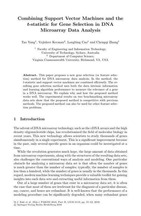 Pdf Combining Support Vector Machines And The T Statistic For Gene Selection In Dna Microarray