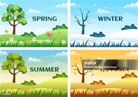 풍경 봄 여름 가을 겨울과 함께 자연의 사계절의 풍경 템플릿 손으로 그린 만화 플랫 스타일 일러스트 레이 션 0명에 대한 스톡 벡터 아트 및 기타 이미지 Istock