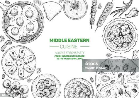 중동 음식 상단 보기 프레임 마나키쉬 샤크쇼카 케밥 할바 후무스 달콤한 디저트가 있는 푸드 메뉴 디자인 빈티지 손으로 그린