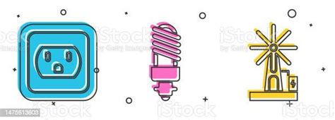 미국의 전기 콘센트 Led 전구 및 풍력 터빈 아이콘을 설정합니다 벡터 Led 조명에 대한 스톡 벡터 아트 및 기타 이미지 Led 조명 개념 경제 Istock