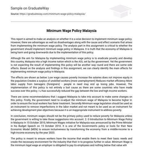 ⇉minimum Wage Policy Malaysia Essay Example Graduateway