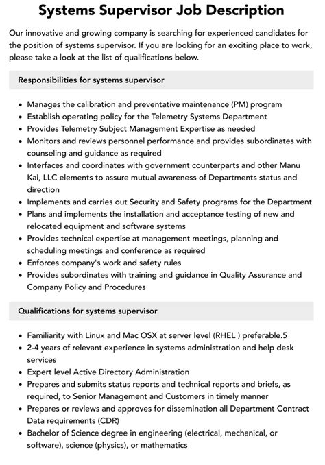 Systems Supervisor Job Description Velvet Jobs
