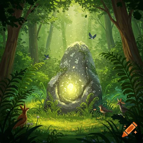 An Illustrative Magical Forest With A Glowing Mossy Runestone Emitting