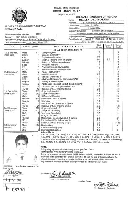 Bicol University Transcript Of Records Pdf