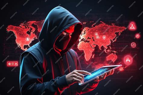 premium photo hooded man hacker finger touch tablet in hand double