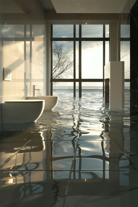 Modern Bathroom Flooded With Water Large Window Views Ocean Two White
