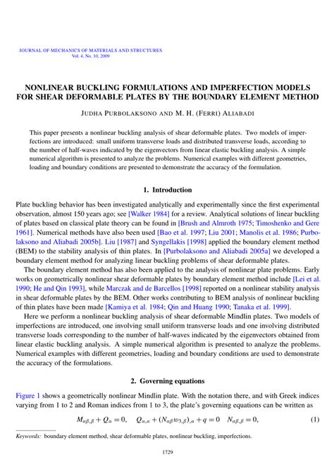 Pdf Nonlinear Buckling Formulations And Imperfection Models For Shear Deformable Plates By The