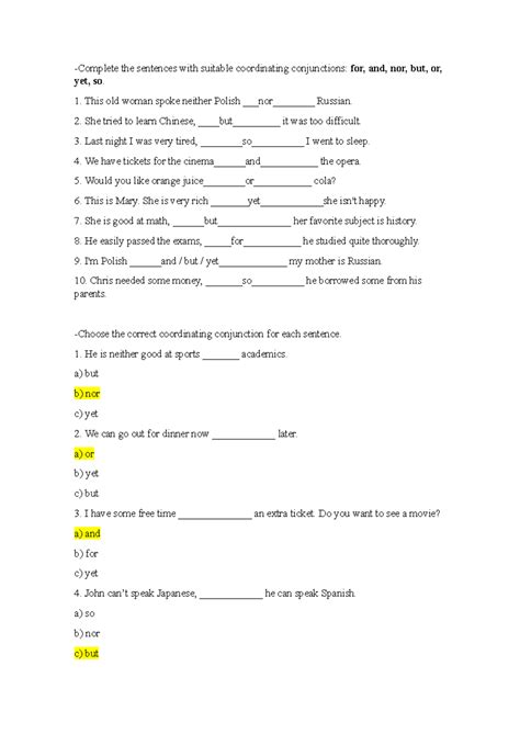 Coordinating Conjunctions Practice Complete The Sentences With
