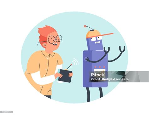 스마트 로봇을 가지고 노는 소년이 있는 배너 또는 스티커 격리된 평면 벡터 가공의 인물에 대한 스톡 벡터 아트 및 기타 이미지 가공의 인물 개발 공부 Istock