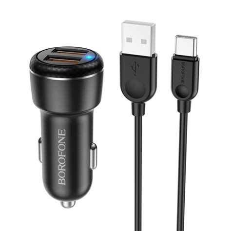 Borofone Bz17 듀얼 Usb 포트 Qc30 Type C Usb C 충전 케이블이있는 자동차 충전기 검은 색