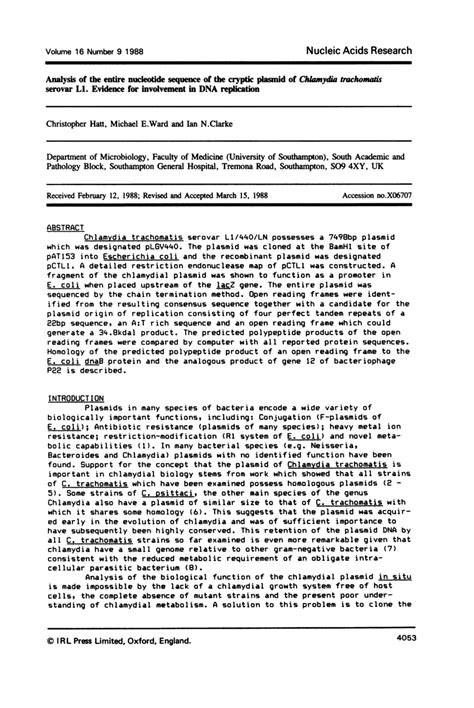 Pdf Analysis Of The Entire Nucleotide Sequence Of The Cryptic Plasmid Of Chlamydia Trachomatis