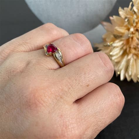 Thl 10k Signed Gold Synthetic Ruby Heart And Diamond Bypass Ring 103 Ctw Vintage Size 7 Etsy