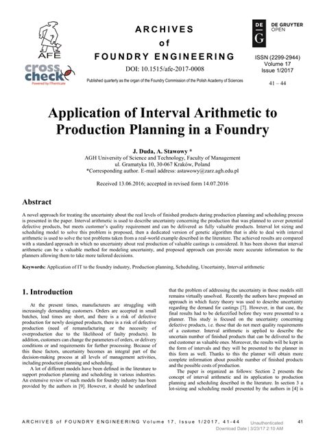 Pdf Application Of Interval Arithmetic To Production Planning In A Foundry