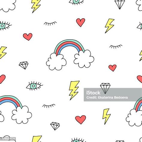 손으로 그린의 귀여운 다채로운 원활한 패턴 요소 흰색 바탕에 낙서 레인 보우 눈 번개 마음 구름 다이아몬드 패턴 눈 신체 부분에 대한 스톡 벡터 아트 및 기타 이미지