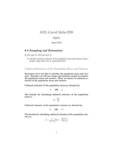 Gce A Level Sampling And Estimation Unbiased Estimates Of The
