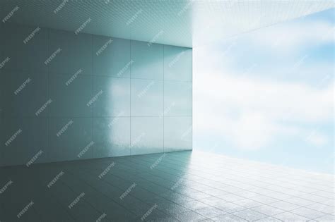 밝은 일광이 있는 비어 있는 빈 콘크리트 인테리어와 벽면 갤러리 및 생활 개념 스카이 뷰 3d 렌더링 프리미엄 사진