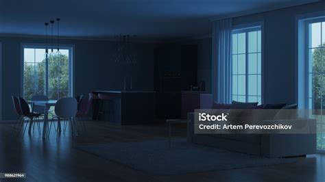 현대 집 인테리어입니다 핑크 주방입니다 밤입니다 저녁 조명입니다 인공 광원 3d 렌더링입니다 0명에 대한 스톡 사진 및 기타 이미지 Istock