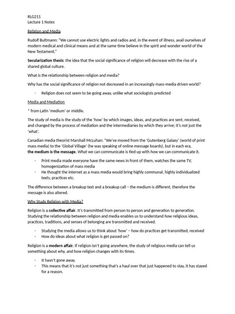 Rlg211 Lecture 1 Notes Pdf Mass Media Communication