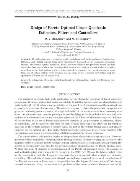 Pdf Design Of Pareto Optimal Linear Quadratic Estimates Filters And