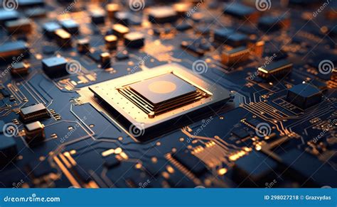 Golden CPU Chip In A Slot On A Computer Motherboard Computer Technology Parts Concept Stock