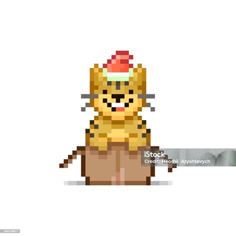 오픈 골판지 상자에 앉아 빨간 산타 모자에 귀여운 호랑이 를 미소 만화의 간단한 평면 픽셀 아트 그림 2022년에 대한 스톡